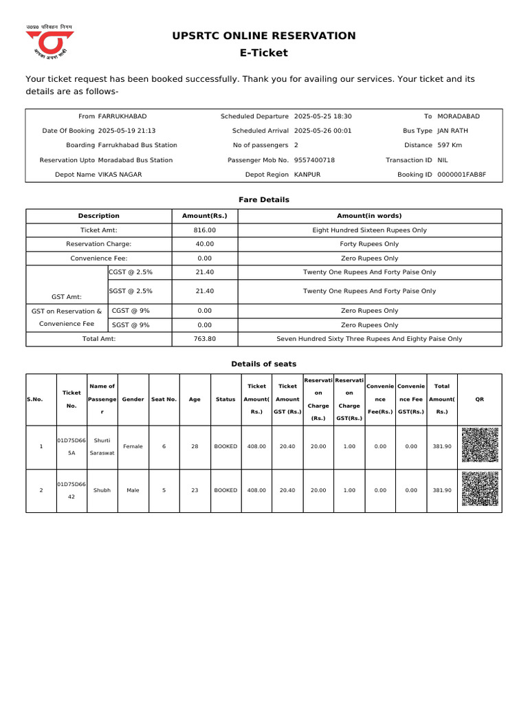 Upsrtc Online Reservation E-Ticket | PDF | Transport | Public Transport