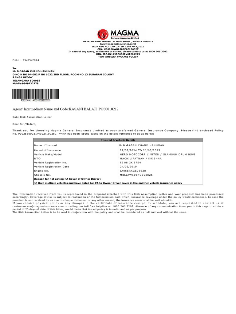 Two Wheeler Insurance Policy Details | PDF | Insurance
