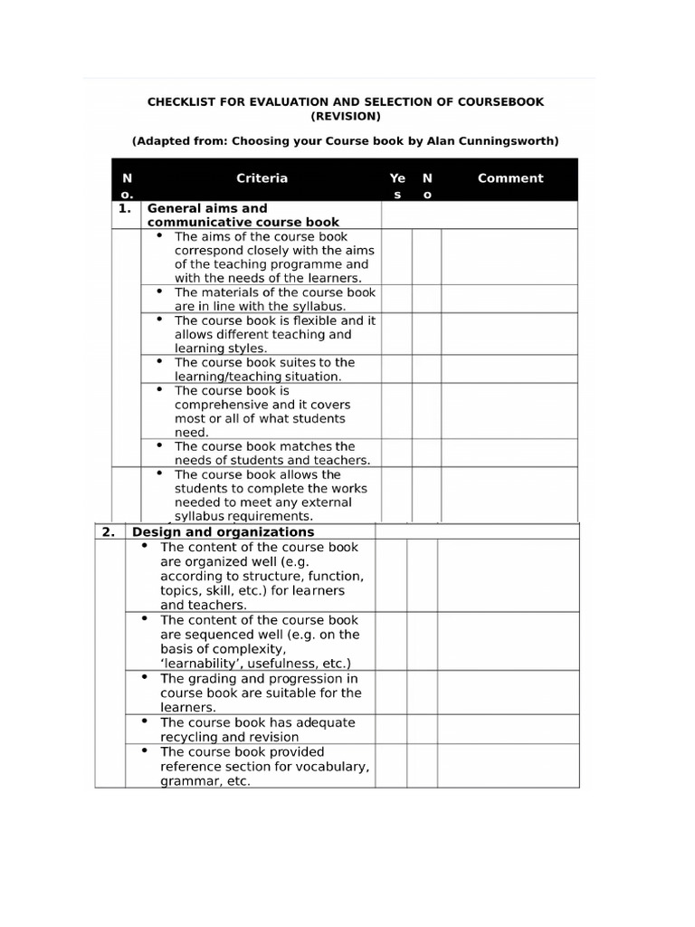 Coursebook Evaluation Checklist Cunningsworth | PDF