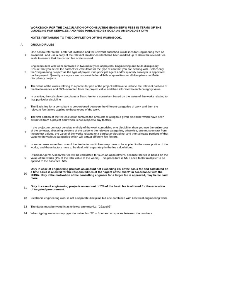 Consulting Engineer Fee Workbook Guide | PDF | Worksheet | Fax