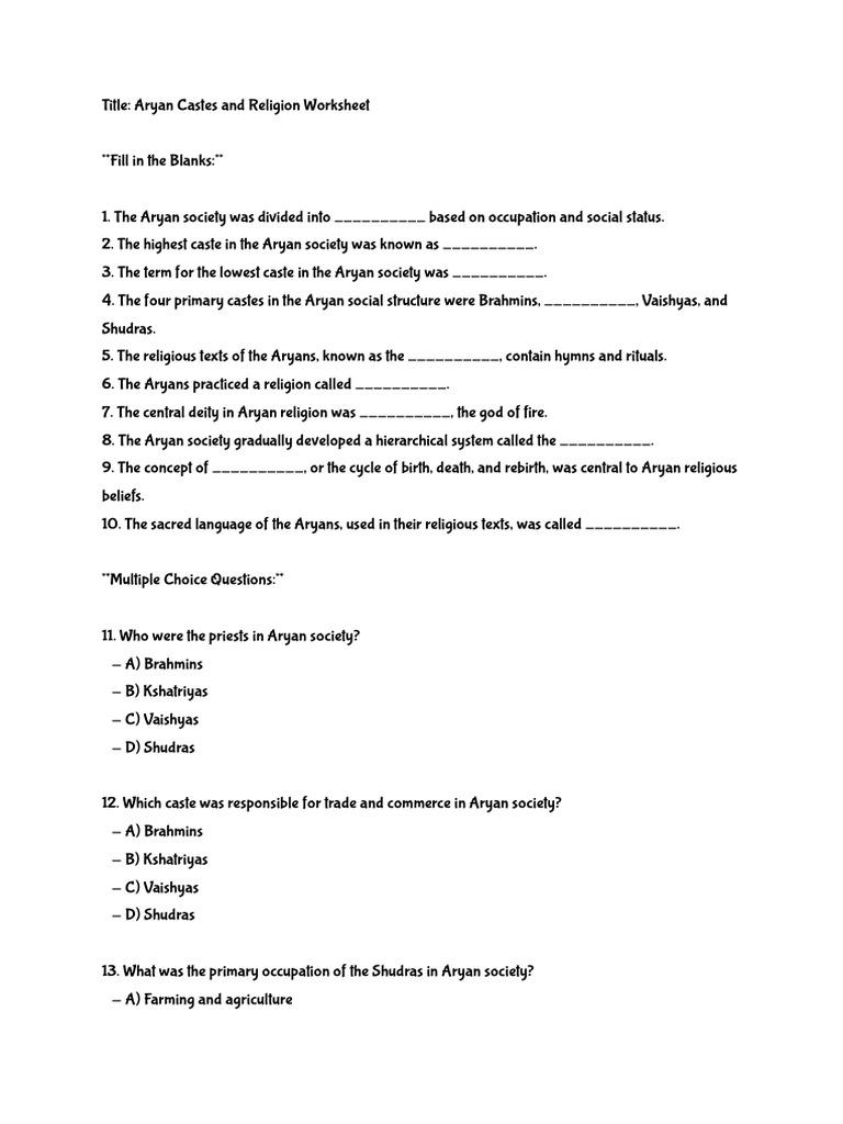 Aryans Revision Worksheet | PDF | Indian Religions