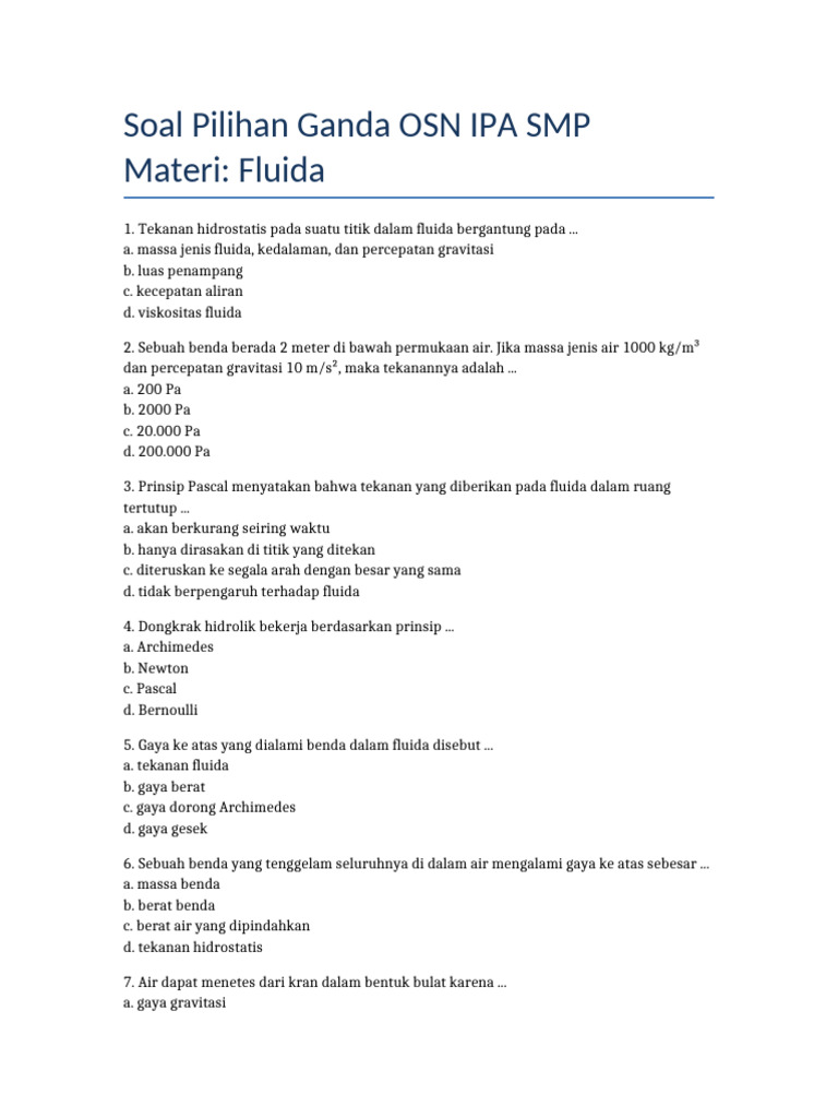 Soal OSN IPA SMP Fluida Lengkap | PDF