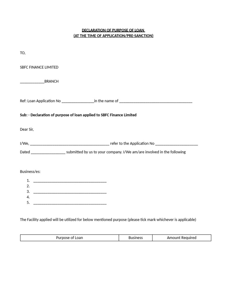 Declaration of Purpose of Loan | PDF
