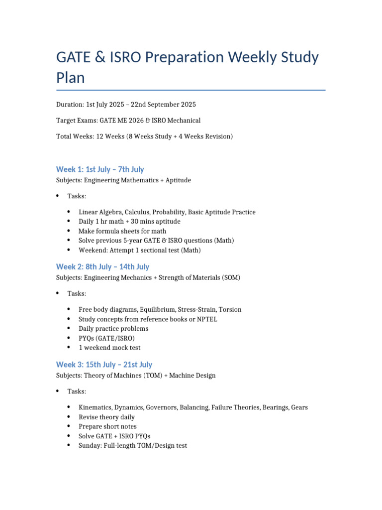 GATE ISRO Weekly Study Plan July2025 | PDF | Mathematics | Heat
