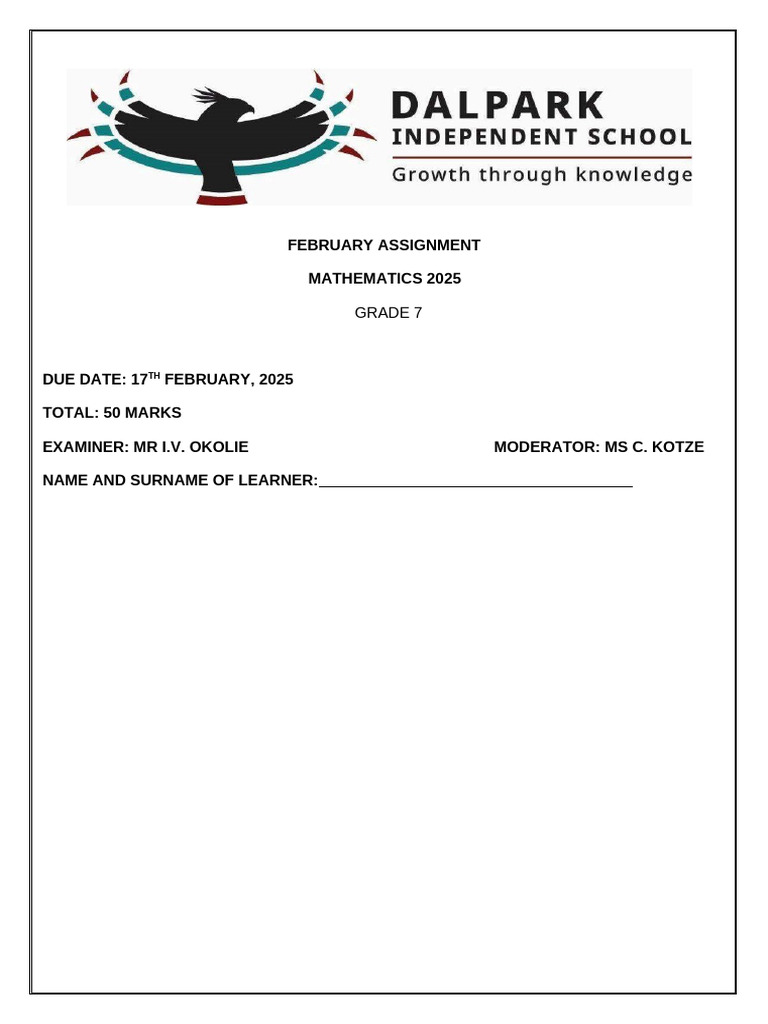 Grade 7 Mathematics Assignment 2025 | PDF | Mathematics