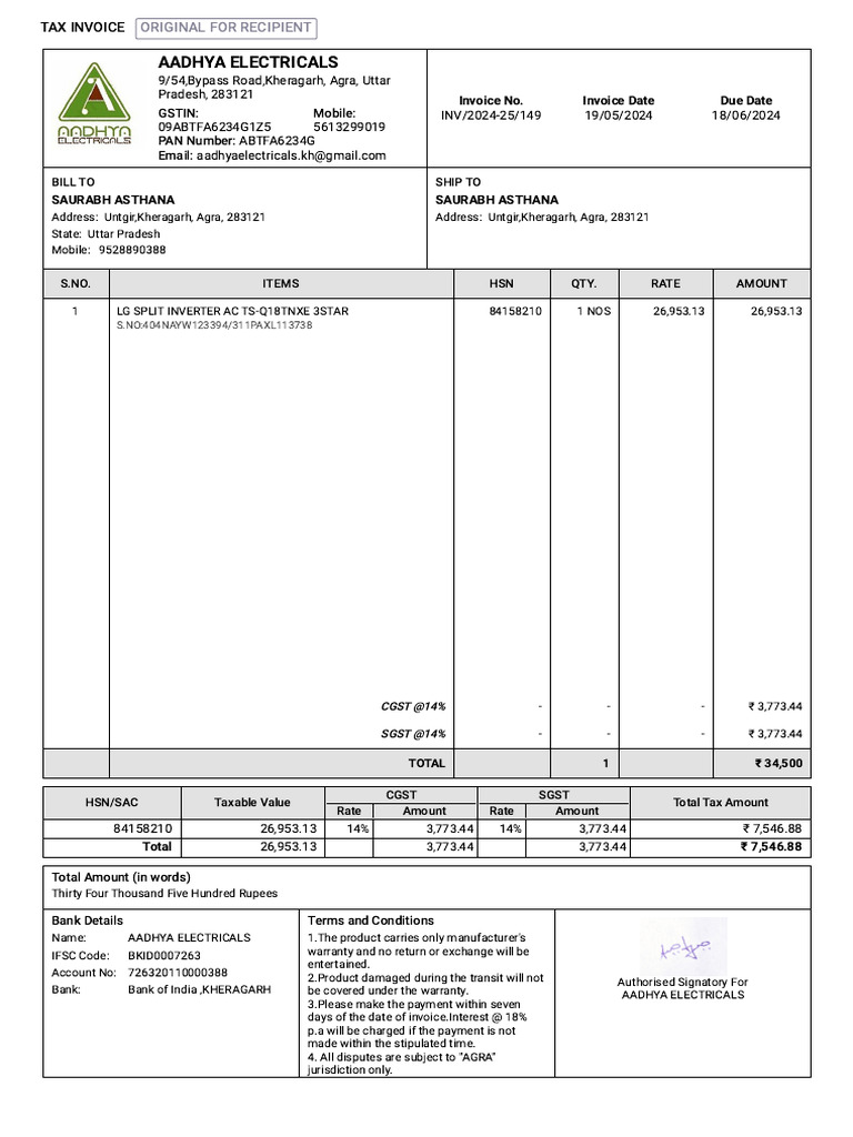 INV 2024-25 149-Sales Invoice-Saurabh Asthana 250520 145620 | PDF | Taxation | Government Finances