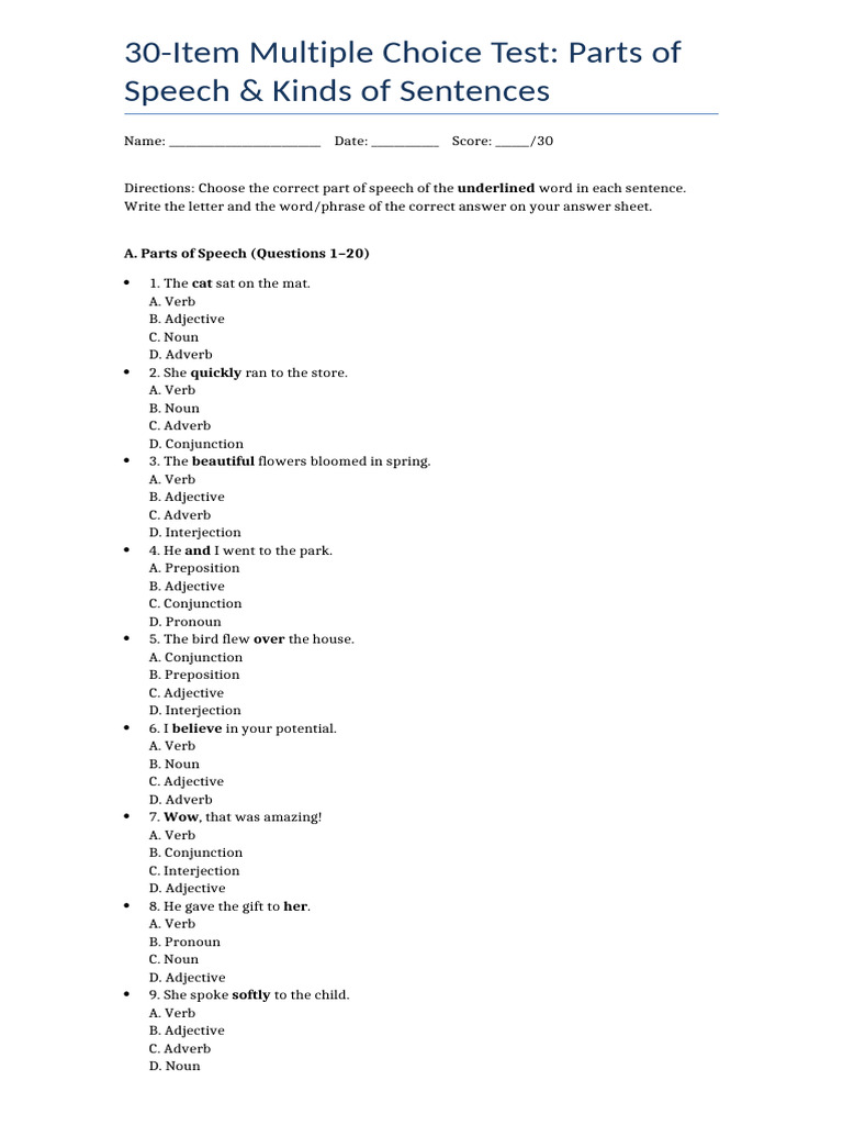 Parts of Speech & Sentence Types Test | PDF | Adverb | Part Of Speech