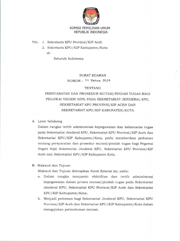Se Nomor 11.cap Surat Edaran Persyaratan Dan Prosedur Mutasi Pns Kpu Ri ...