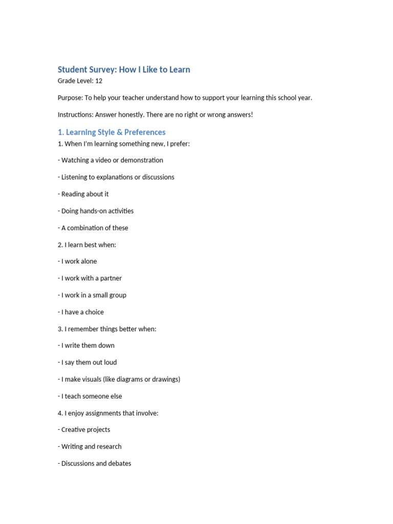 Student Learning Preferences Survey | PDF