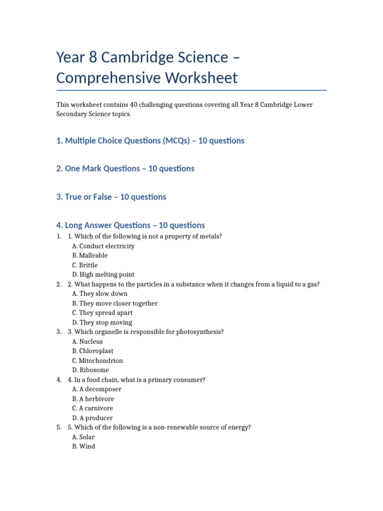 Year 8 Science Worksheet Overview | PDF | Chemical Substances | Gases