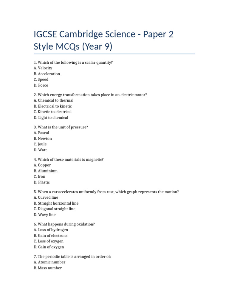IGCSE Science MCQs for Year 9 | PDF | Oxygen | Photosynthesis