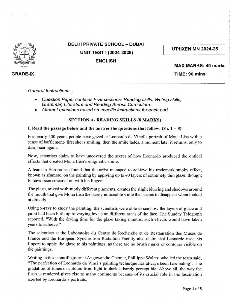 2024 - 25 Ut1 Grade 9 Sub English | PDF