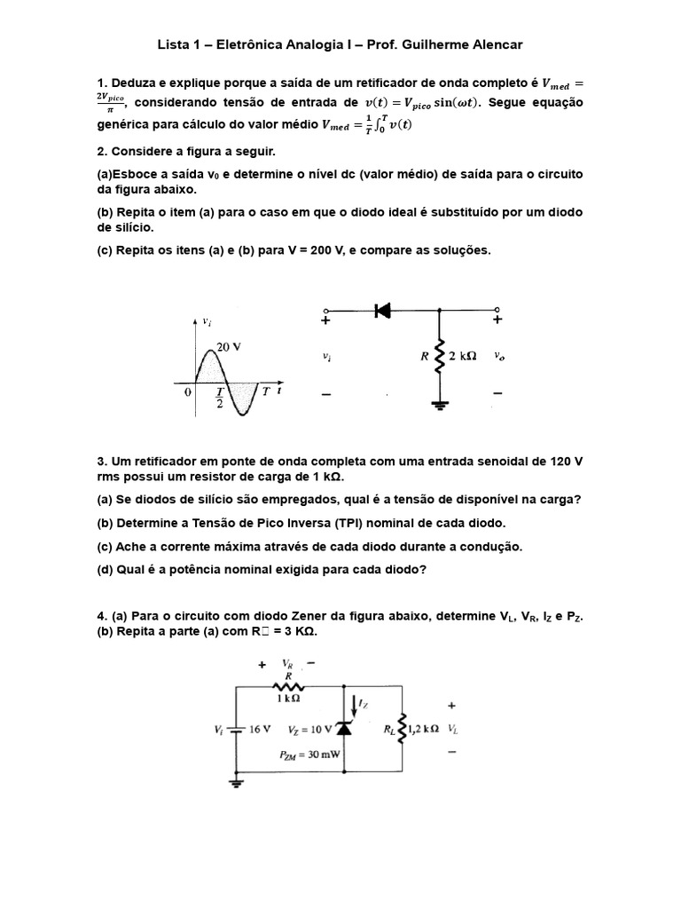 Lista 1 Diodos e Retificadores | PDF
