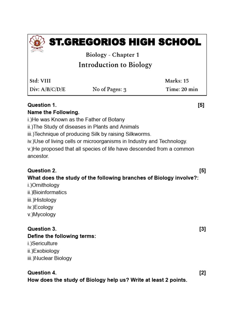 Grade 8-Biology - Introduction To Biology - Test | PDF