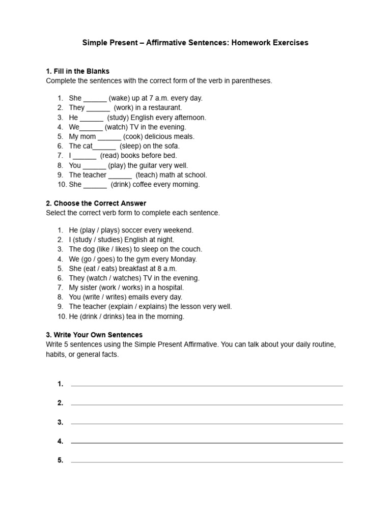 Simple Present - Affirmative Sentences - Homework Exercises | PDF