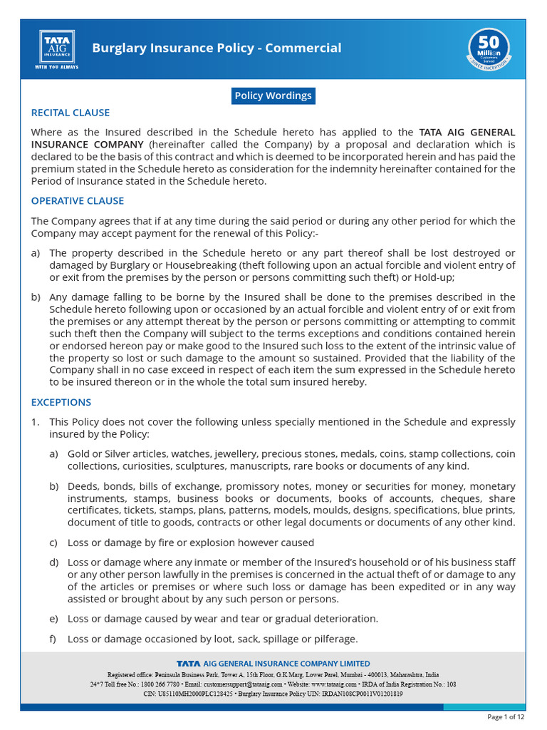 Policy Wordings Burglary Insurance Policy - PDF D28ce3acc3 | PDF ...