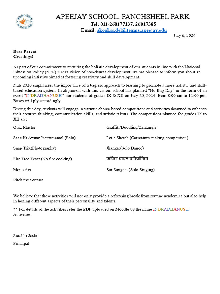 Indradhanush Circular For Classes IX To XII | PDF