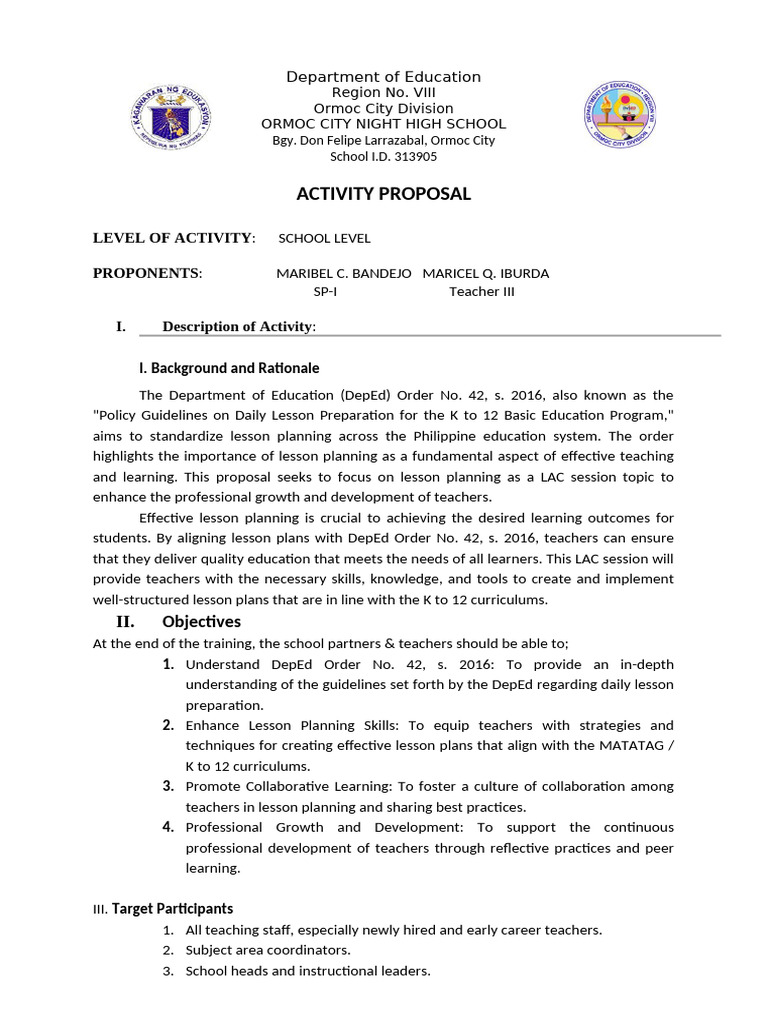 First Lac Proposal 2024 2025 | PDF | Lesson Plan | Teachers