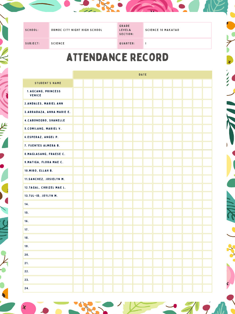 Attendance Record List Document in Pink and Green Simple Floral Style | PDF