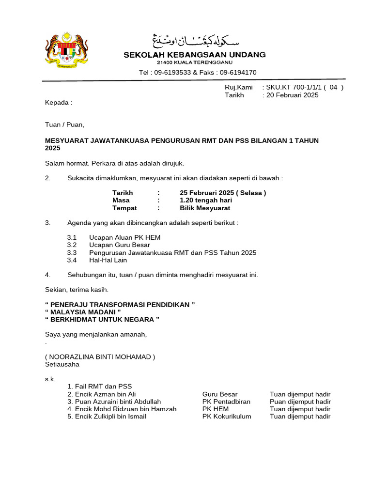 Surat Panggilan Mesyuarat JK RMT Dan Pss Tahun 2025 | PDF