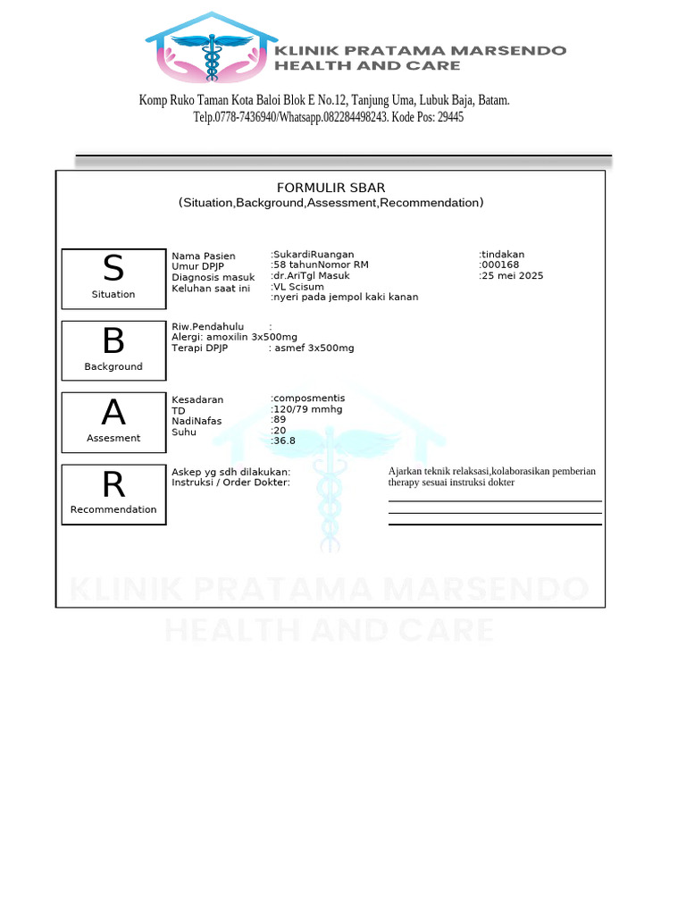 Formulir SBAR untuk Pasien Nyeri Kaki | PDF