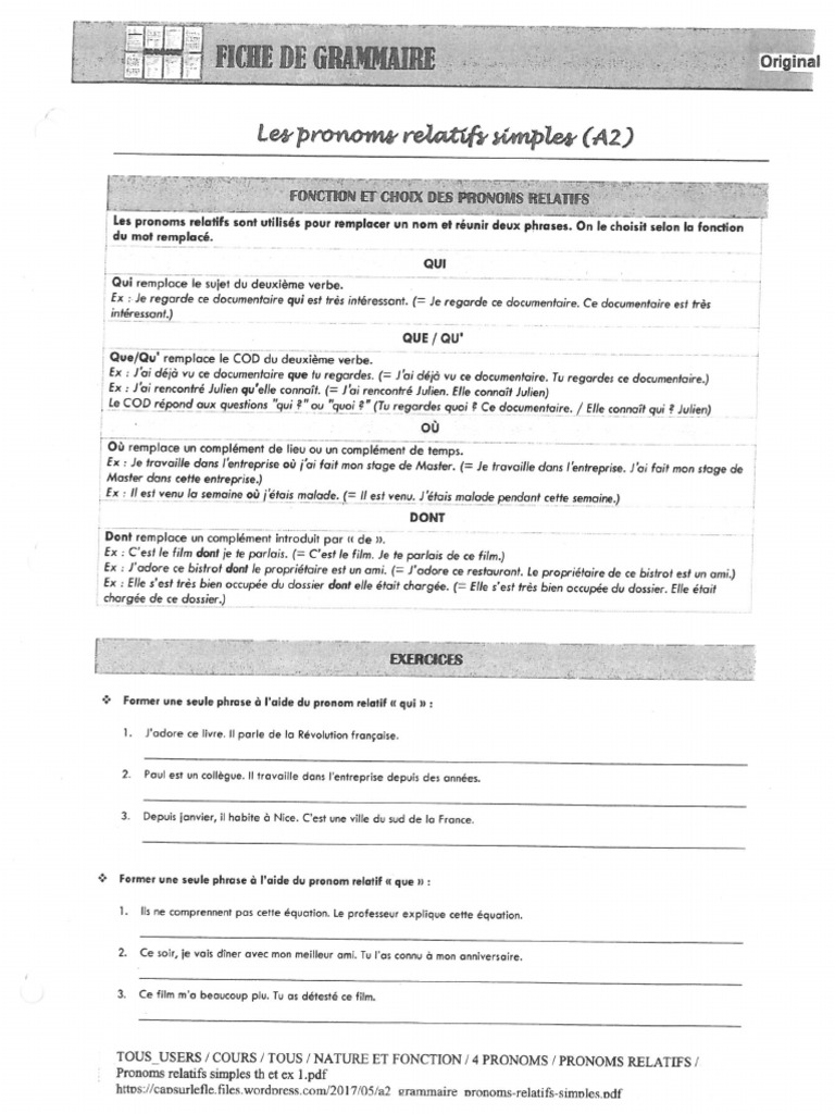 Les Pronoms Relatifs Simples Cours Nature Et Fonction Des Mots | PDF
