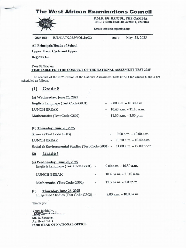 Timetable For The Conduct of National Assessment Test 2025 | PDF