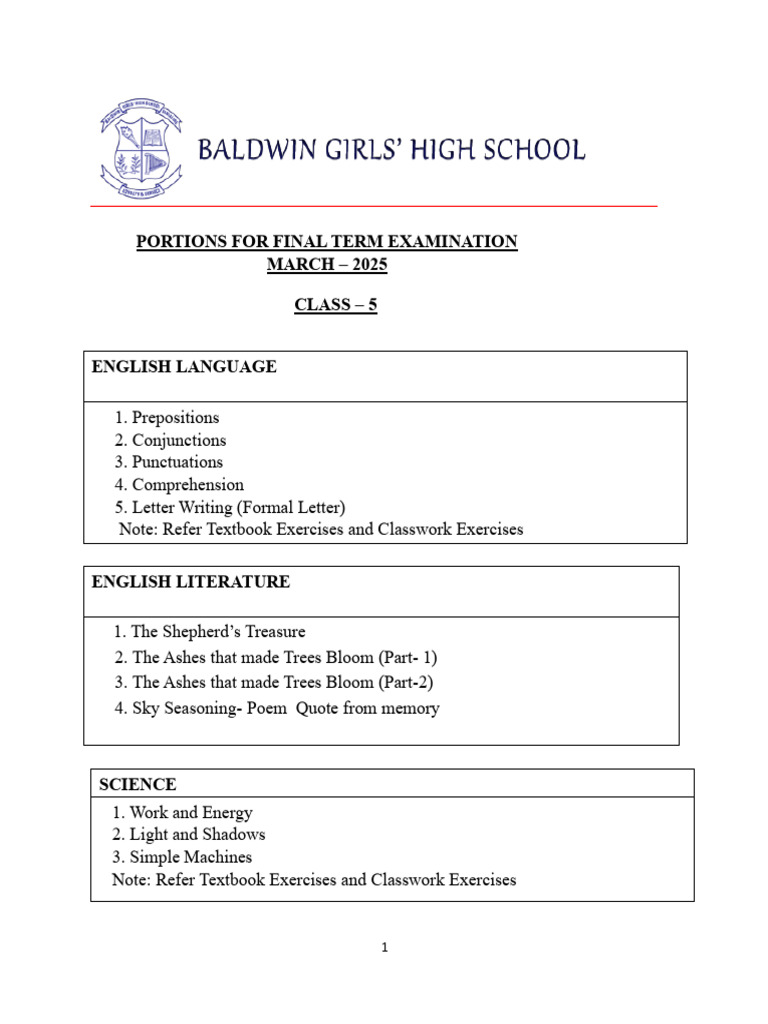 Portions For The Final Term Exam STD 5 March 2025-1 | PDF