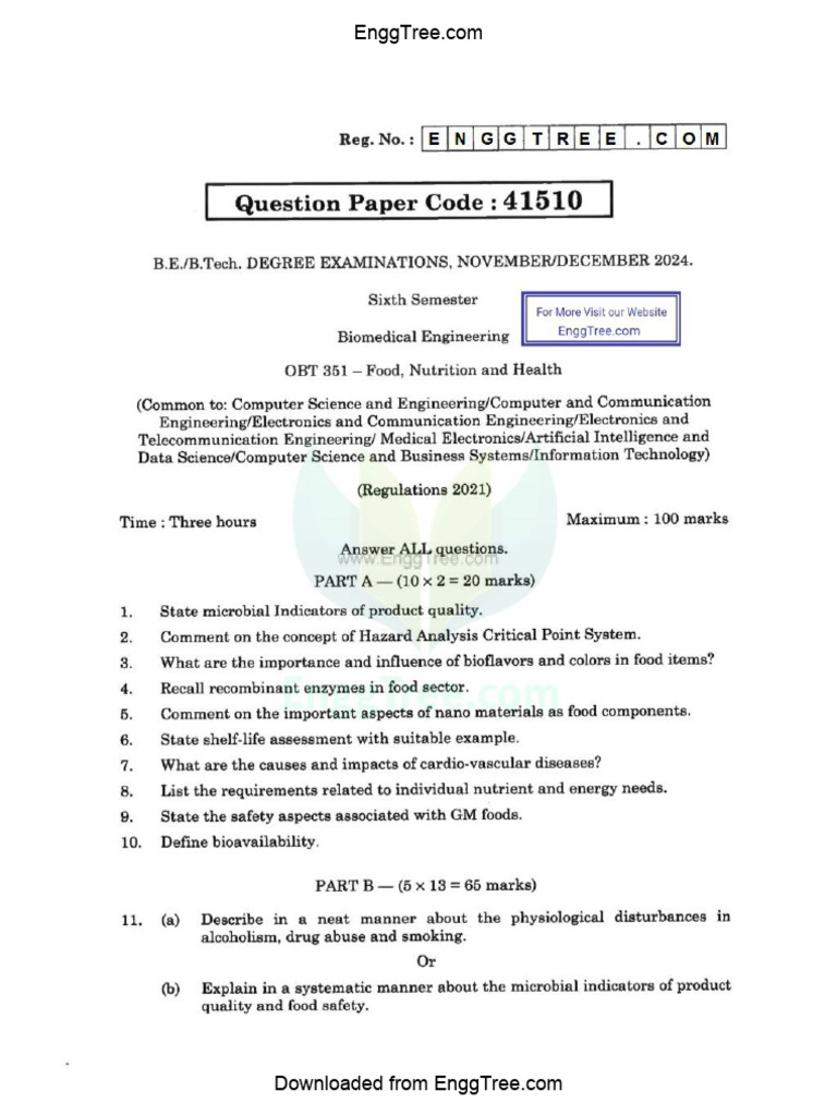 OBT351 Food Nutrition and Health Nov Dec 2024 Question Paper Download | PDF