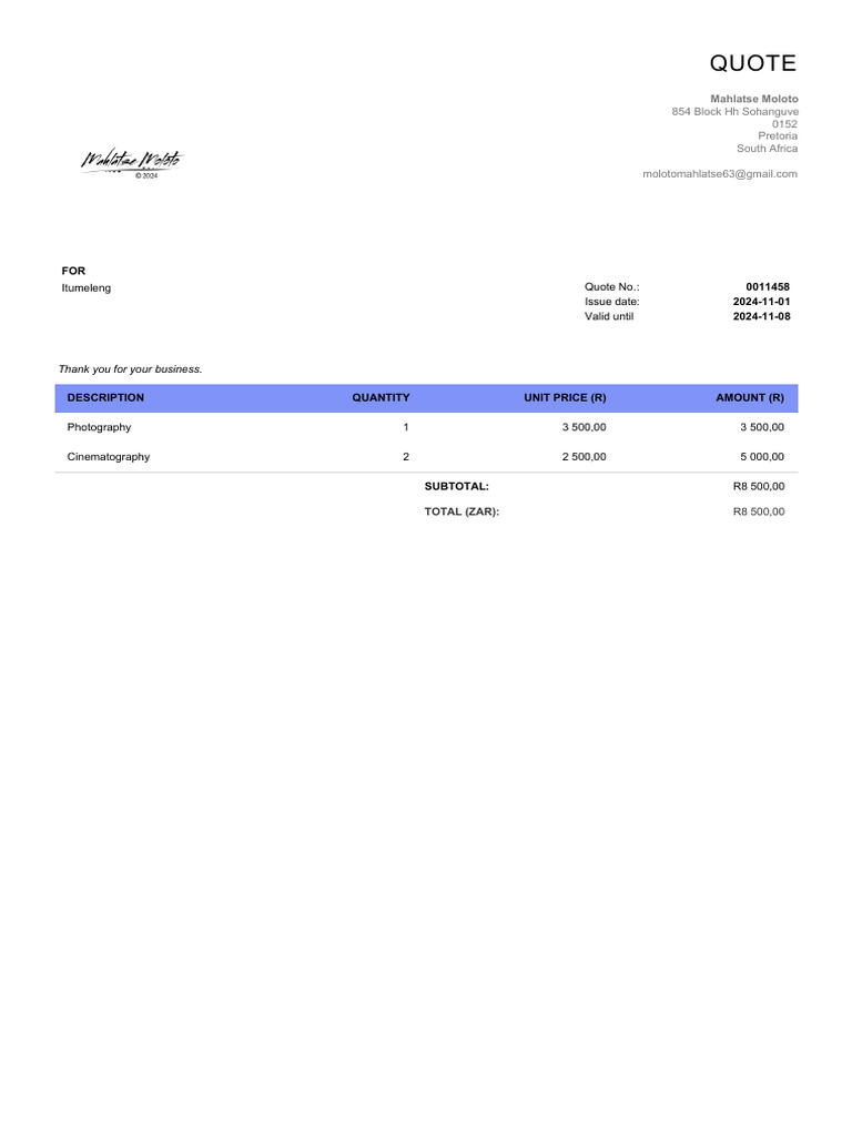Quote: Itumeleng Quote No.: Issue Date: Valid Until | PDF