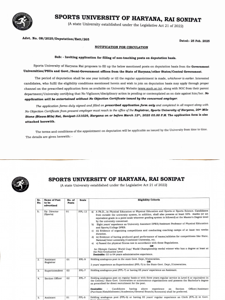 Application Form For The Post of Advt No. 08 2025 Deputation Basis ...