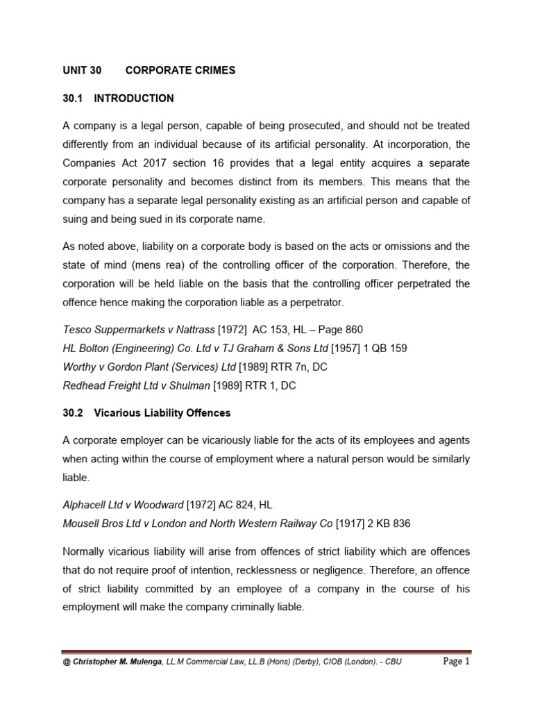 Criminal Law Unit 30 Corporate Crimes | PDF | Negligence | Manslaughter
