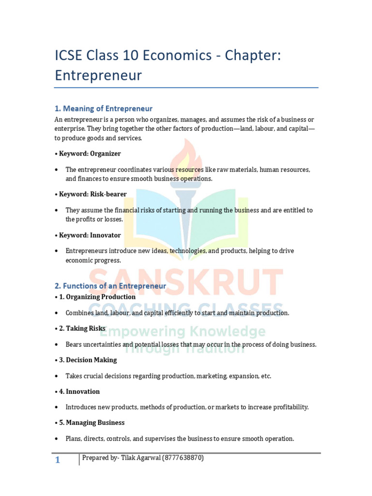 ICSE Class 10 Economics Factors of Production Entrepreneur | PDF ...