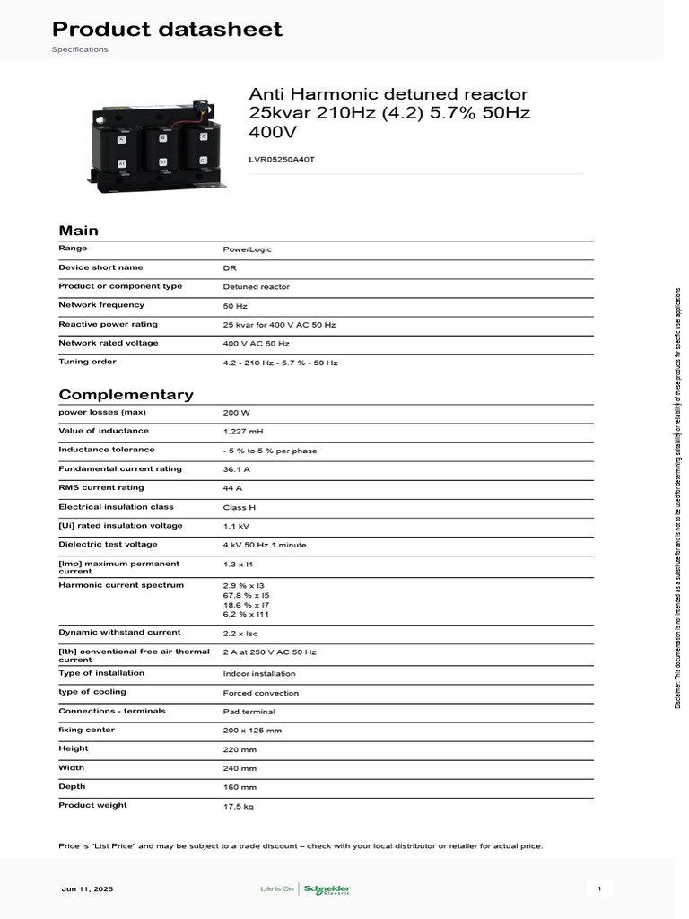 Schneider Electric PowerLogic PFC Detuned Reactors LVR05250A40T | PDF | Alternating Current ...