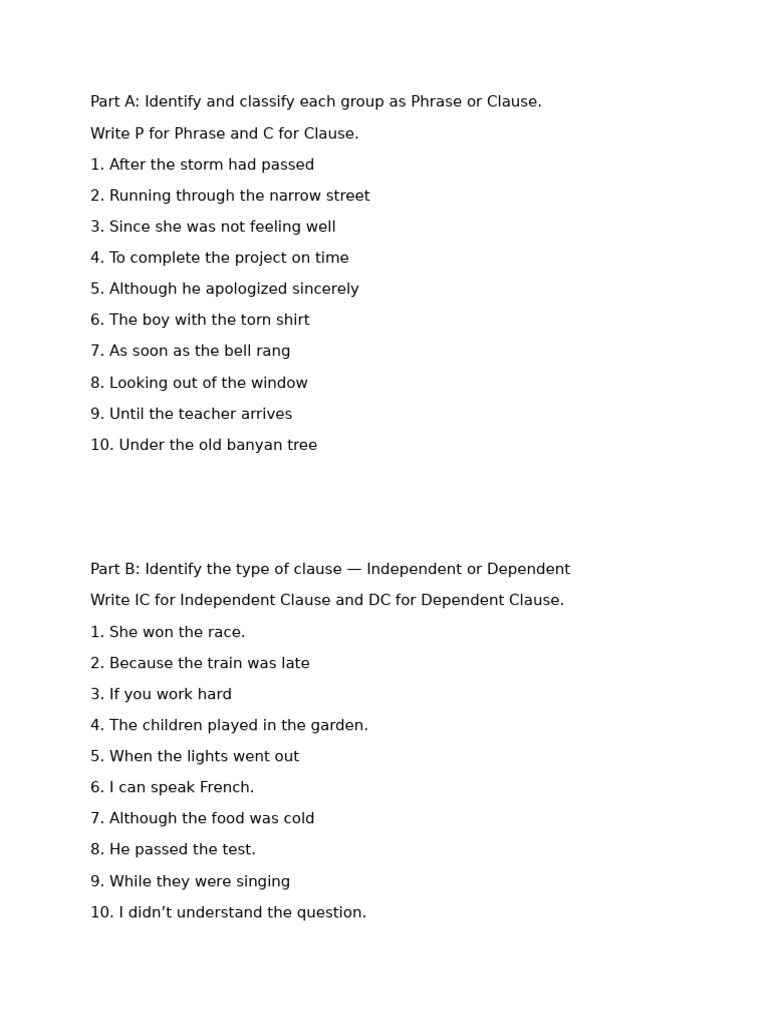Phrases and Clauses Worksheet for Class 8 | PDF