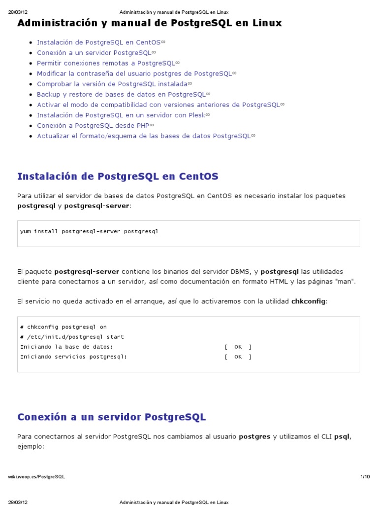 Administración y Manual de PostgreSQL en Linux | PDF | Postgre Sql | Apoyo