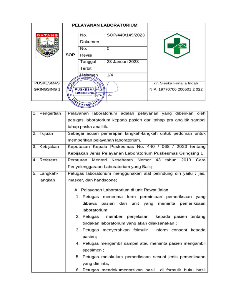 SOP Pelayanan Laboratorium Puskesmas | PDF