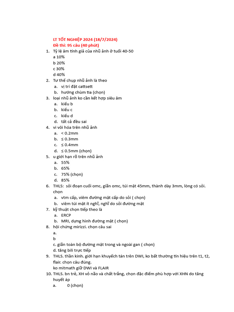 (CĐHA) - Đề Tốt Nghiệp CK1 2024 | PDF