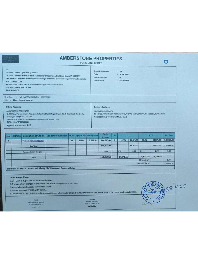 PO 32 For Dalmia Cement | PDF