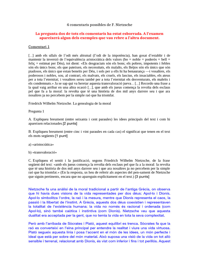 Còpia de 4 Comentaris Possibles de F. Nietzsche | PDF