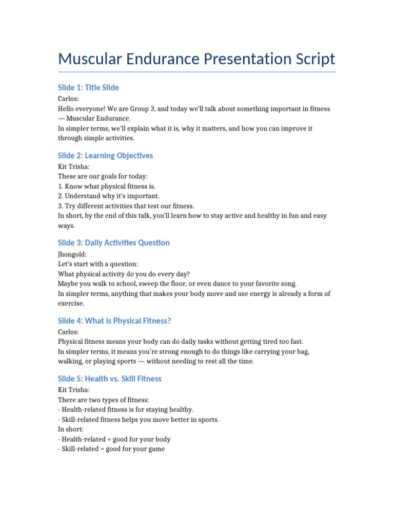 Muscular Endurance Presentation Script | PDF | Physical Fitness | Endurance