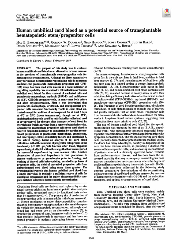 Broxmeyer Et Al Human Umbilical Cord Blood As A Potential Source of ...