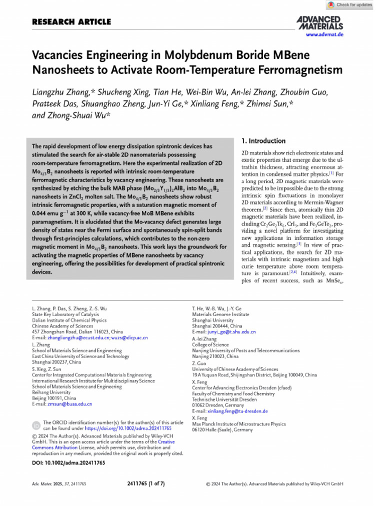 Vacancies Engineering in Molybdenum Boride MBeneNanosheets To Activate Room-Temperature ...