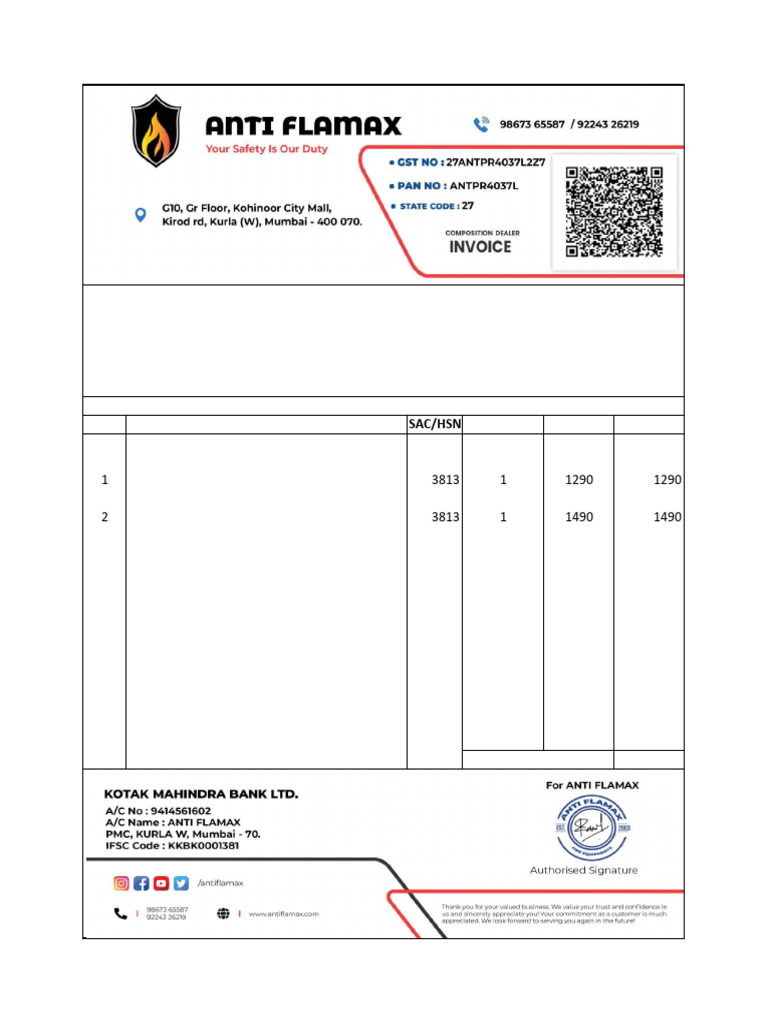 Blissclub Invoice for Fire Extinguishers | PDF