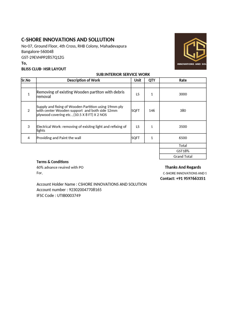Bliss Club HSR Layout Interior Service Quote | PDF
