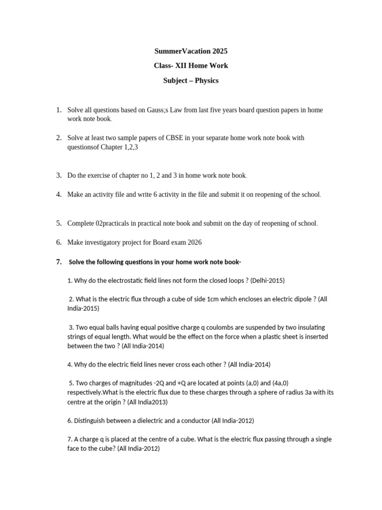Summer Vacation Home Work Physics (2025-26) | PDF | Electric Field | Quantity