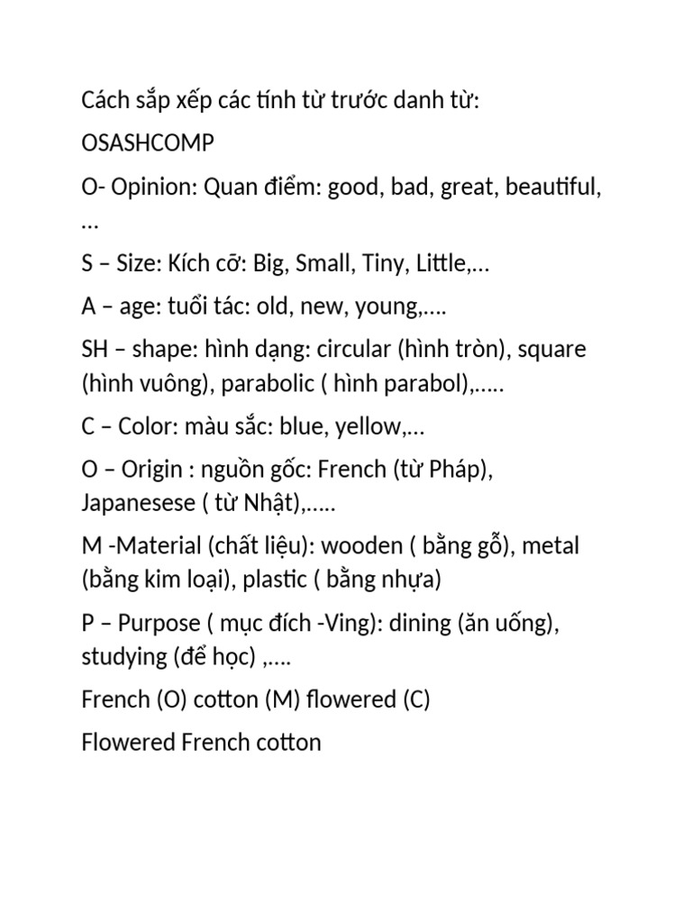 Cách Sắp Xếp Các Tính Từ Trước Danh Từ | PDF