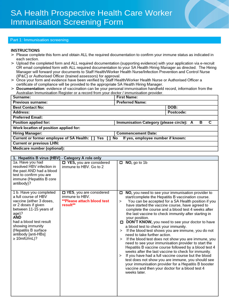 SA Health Immunisation Screening Form | PDF | Vaccines | Tuberculosis