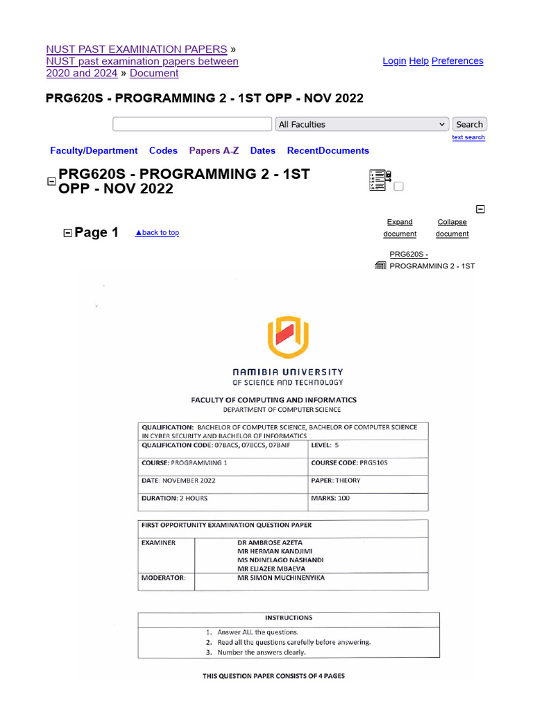 Prg620s - Programming 2 - 1st Opp - Nov 2022 - Nust Past Examination Papers Between 2020 and ...