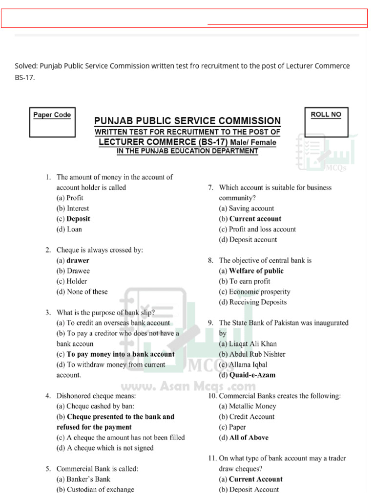 PPSC Lecturer Commerce Past Paper | PDF